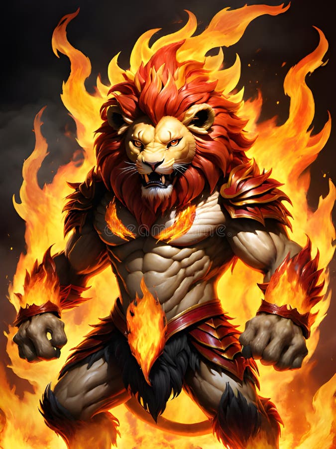 Cartoon Lion in Fire with Flames Stock Illustration - Illustration of ...