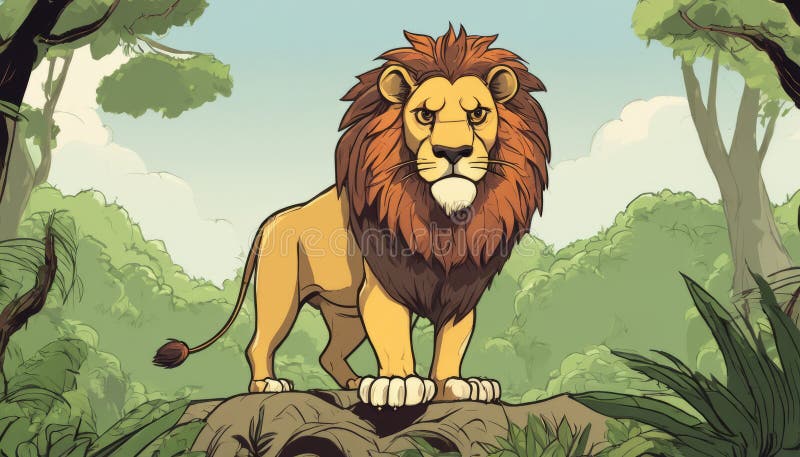 A Cartoon Lion with a Mane Standing on a Rock Stock Illustration ...