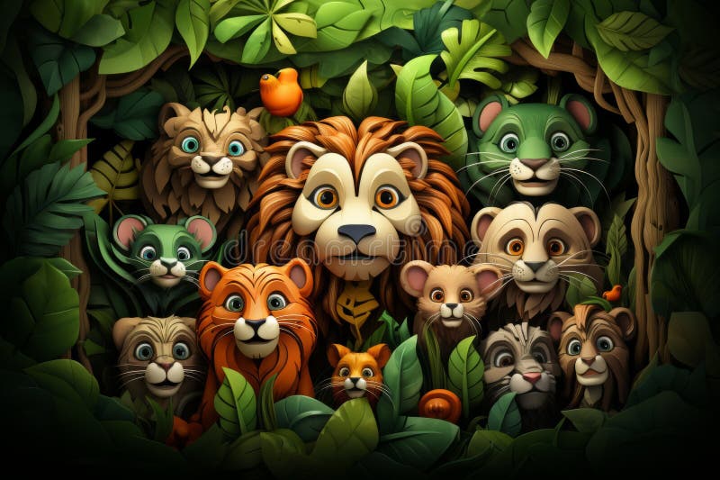 A Cartoon Lion Surrounded by Many Animals in the Jungle Stock ...