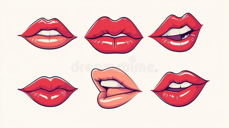 Cartoon Lips Display a Range of Emotions, Capturing Joy, Surprise, and ...
