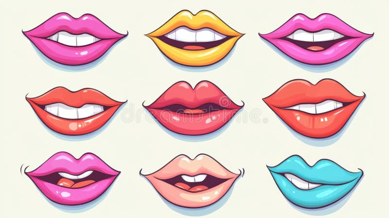 Cartoon Lips Display a Range of Emotions, Capturing Joy, Surprise, and ...