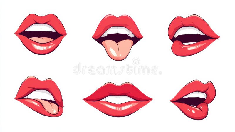 Cartoon Lips Display a Range of Emotions, Capturing Joy, Surprise, and ...