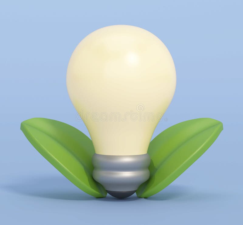 Cartoon Lit Lightbulb and Leaves Isolated on Blue Background. 3D ...