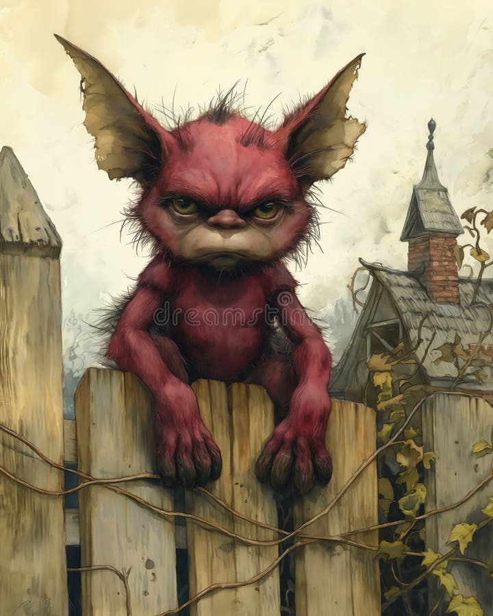 Cartoon Little Angry Pixie Sitting on Fence. Stock Photo - Image of ...