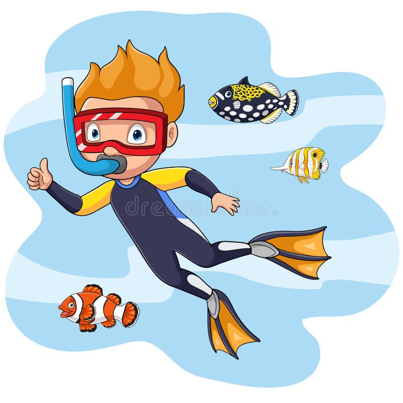 Cartoon Little Boy Diving in Underwater with Tropical Fish Stock Vector ...