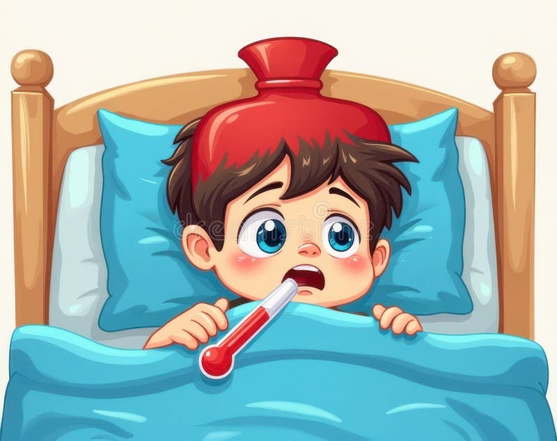 Cartoon of a Little Boy Sick in Bed Stock Illustration - Illustration ...