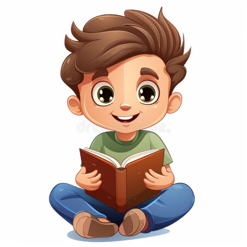 Cartoon Little Boy Sitting and Reading a Book, Vector Illustration ...