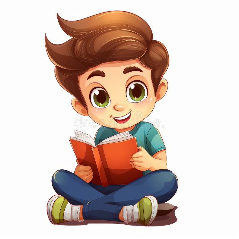 Cartoon Little Boy Sitting and Reading a Book, Vector Illustration ...