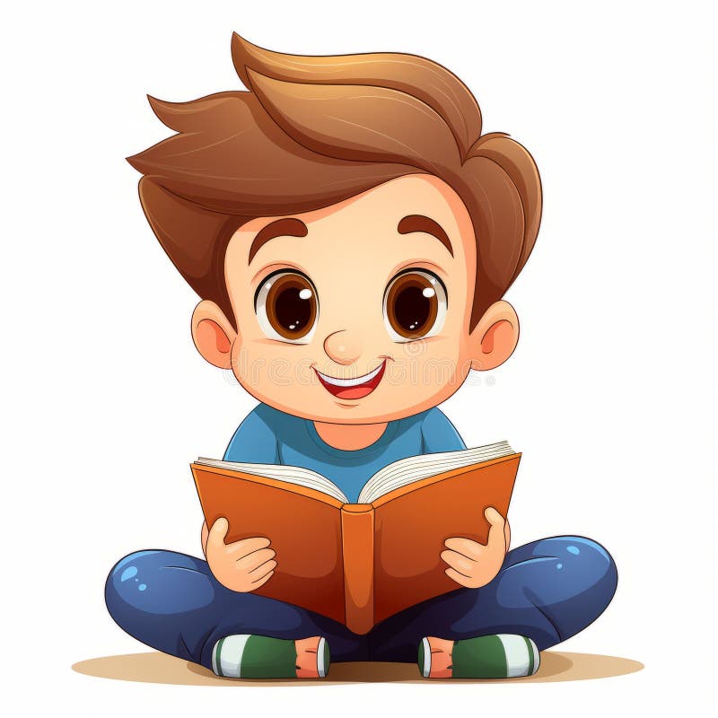 Cartoon Little Boy Sitting and Reading a Book, Vector Illustration ...