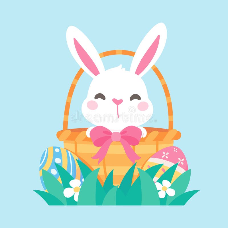 Cartoon Little Bunny in a Basket of Easter Eggs Painted with Bright ...