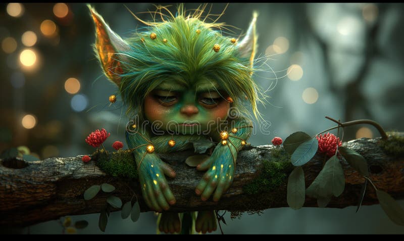 Cartoon Little Emotional Pixie Sitting on Tree. Stock Photo - Image of ...