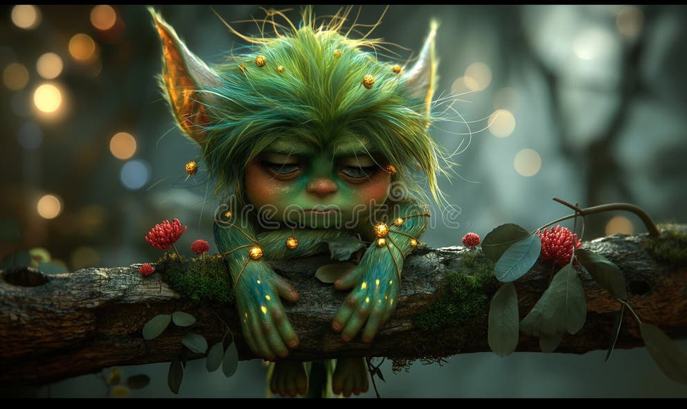 Cartoon Little Emotional Pixie Sitting on Tree. Stock Photo - Image of pleasure, girl: 343763626