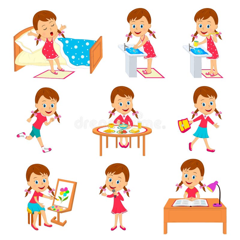 Cartoon Little Girl daily Routine Stock Vector - Illustration of brush ...
