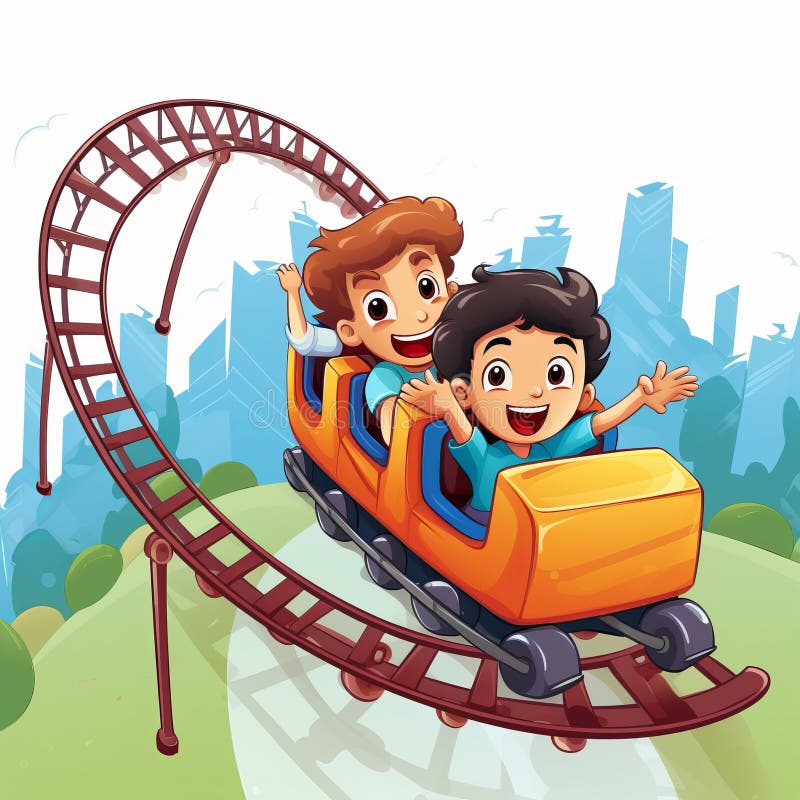 Cartoon Little Kid Play in Roller Coaster, Vector Illustration Stock ...