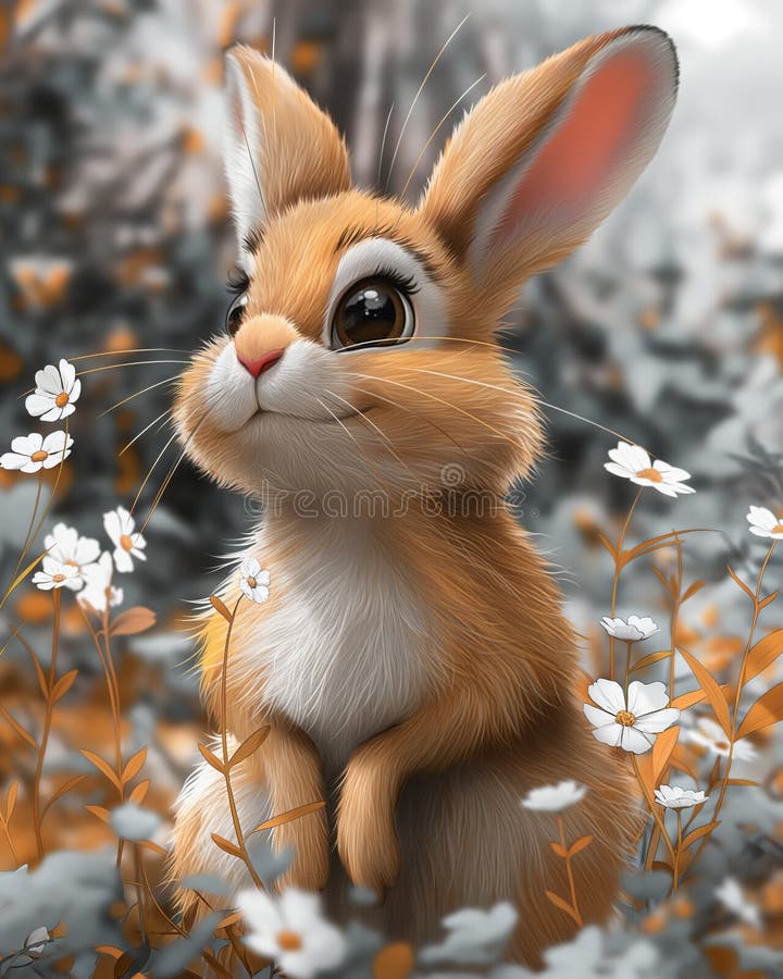 Cartoon Little Rabbit Sitting Quietly Showing His Big Expressive Eyes ...