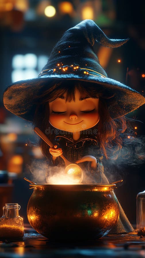 Cartoon Little Witch is Making a Magic Potion Stock Illustration ...
