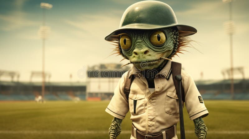 Cartoon Lizard in Hat: Hyper-realistic Sci-fi Baseball Stadium Stock ...