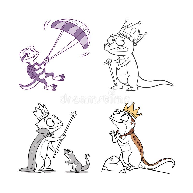 Cartoon Lizard Illustrations in Different Situations and Roles Stock ...