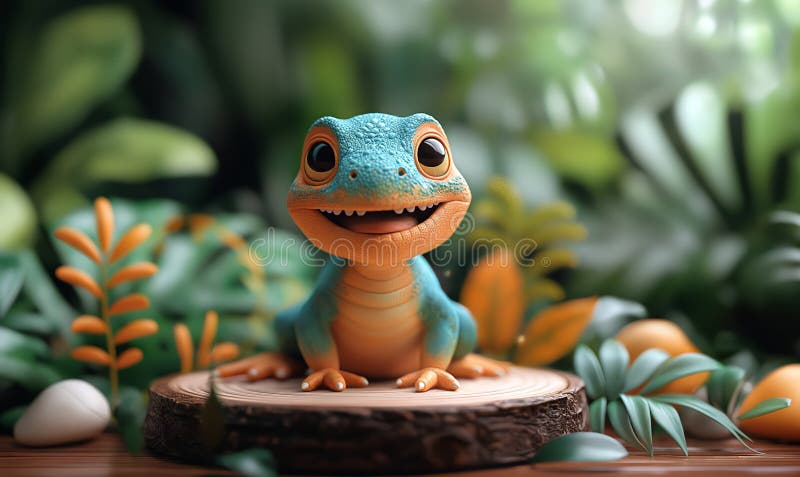 Cartoon Lizard Sitting on Round Surface in Nature. Stock Photo - Image ...