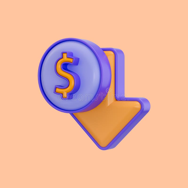 Cartoon Look Dollar Down Icon 3d Render Concept for Business Lost Crisis Decrease Rate Stock ...