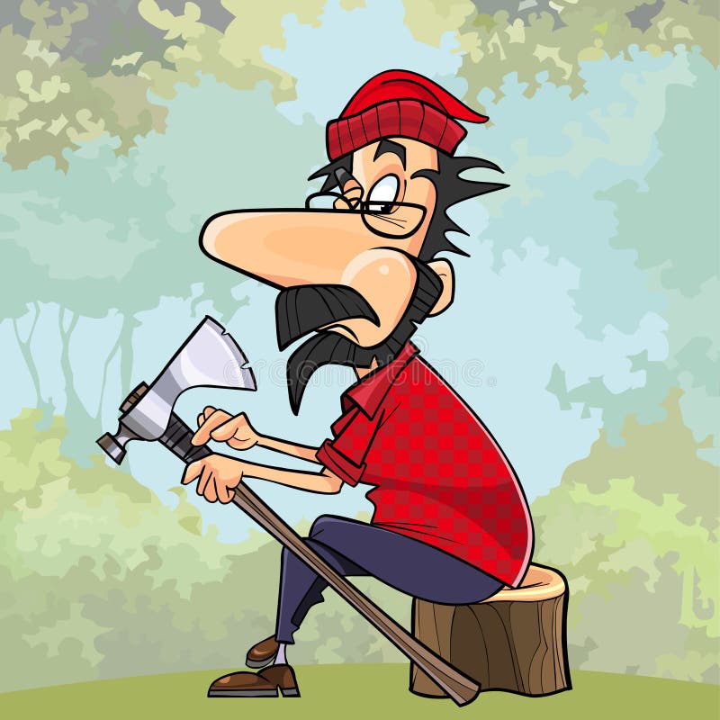Cartoon Lumberjack Repairs the Axe in the Woods Stock Vector ...