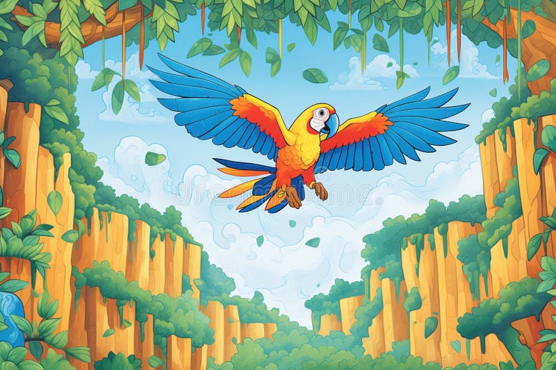 Cartoon Macaw Soaring High Above Canopy of Rainforest Trees Stock Image ...