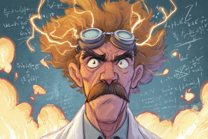 Cartoon Mad Scientist with Electrified Hair and Exploding Chalkboard ...