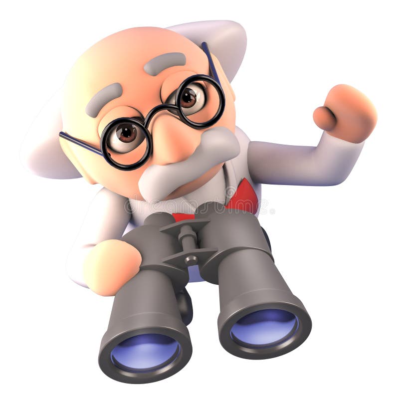 Cartoon Mad Scientist Professor Using a Pair of Binoculars, 3d ...