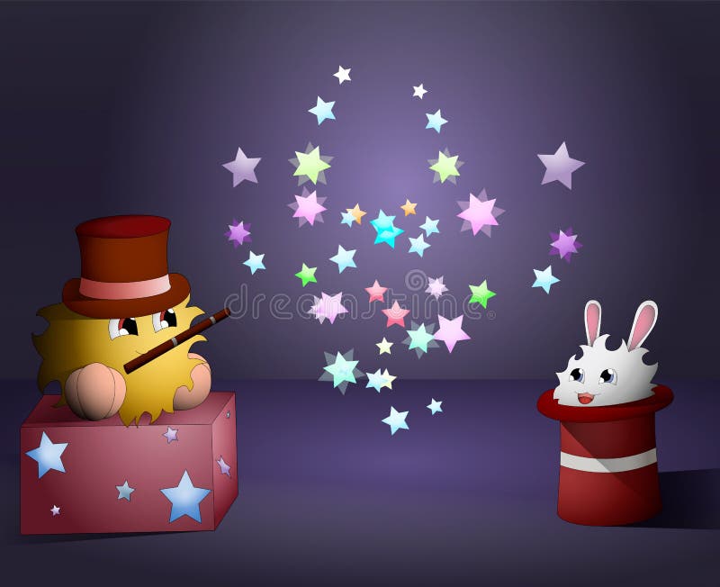 A Cartoon Magician and a Rabbit Inside a Magic Hat Stock Illustration ...