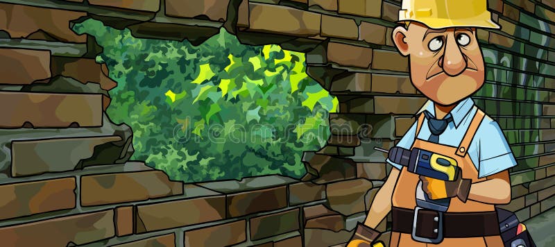 Cartoon Worker With A Stone In Hands On The Background Of The Wall ...