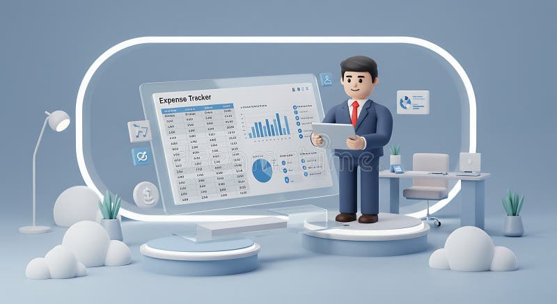 Cartoon Man Analyzing Expense Tracker on Digital Tablet in Office Stock ...