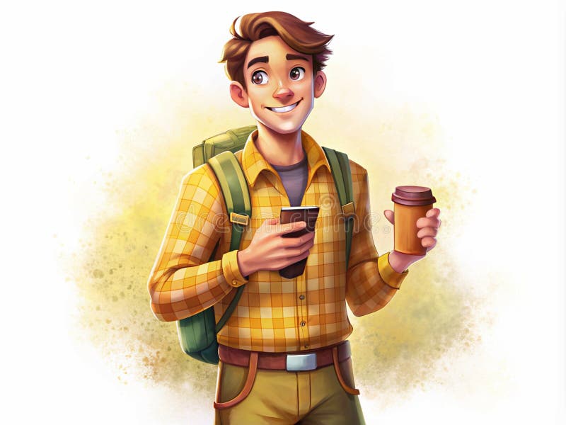 Cartoon Man with Backpack and Coffee Cup Stock Vector - Illustration of ...