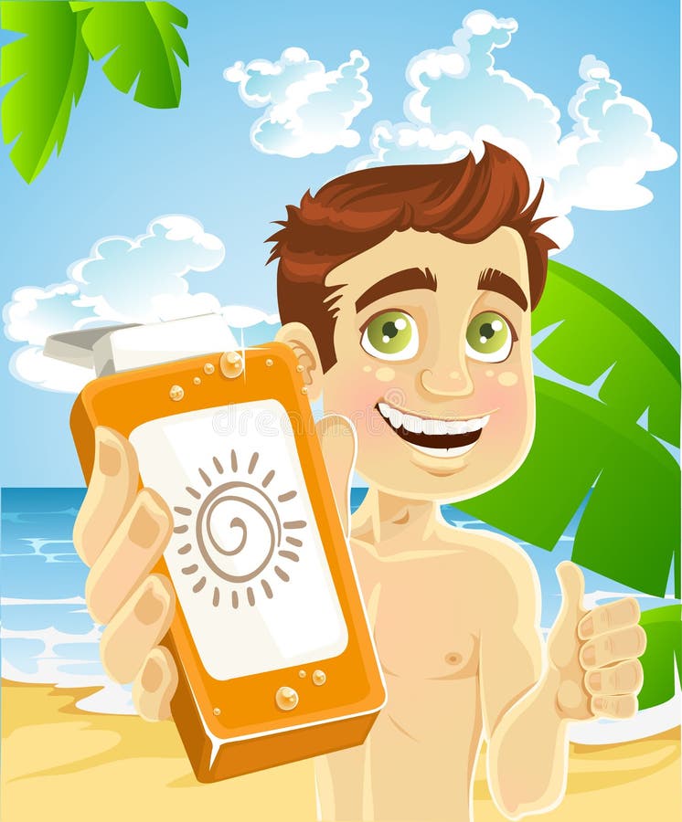 Cartoon Man On The Beach With Cream For Sunburn Stock Vector