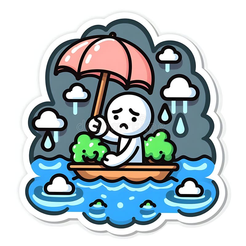 A Cartoon of a Man in a Boat with an Umbrella. the Man is Looking Sad ...