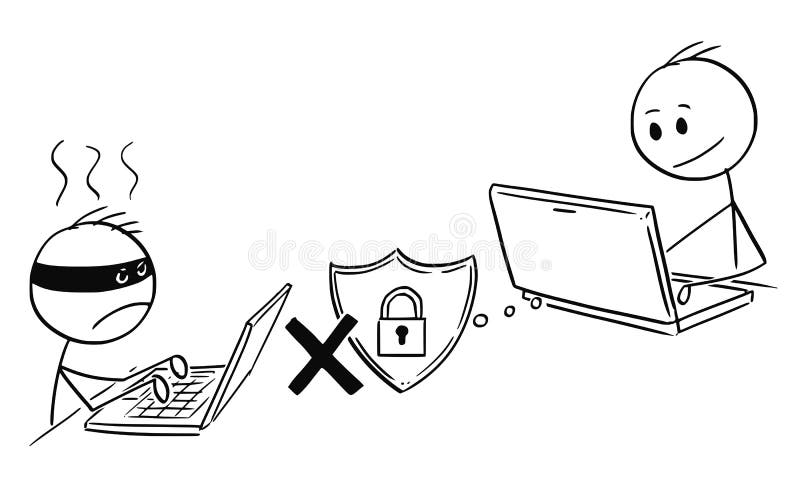 Cartoon of Man or Businessman Working on Computer while Hacker Cannot ...
