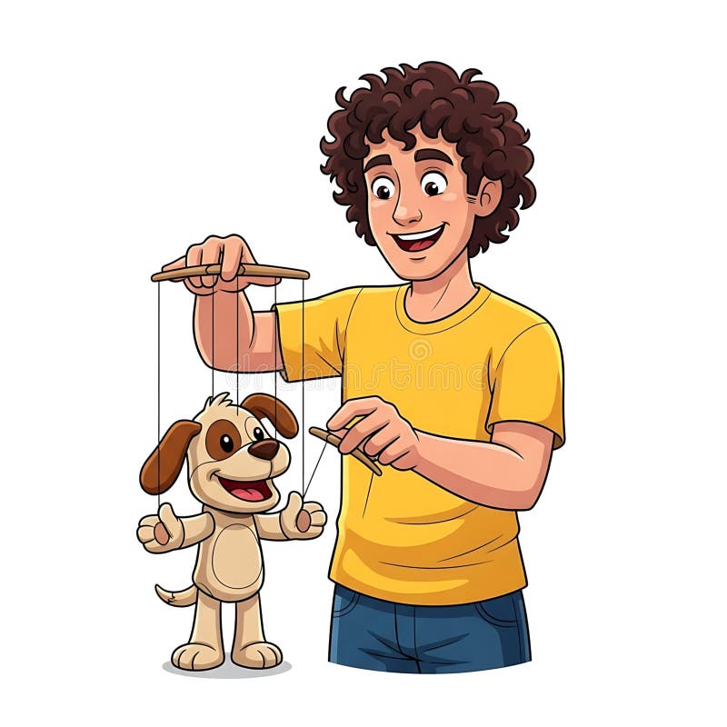 Cartoon Man Manipulating a Dog Puppet with Strings Attached To Its ...