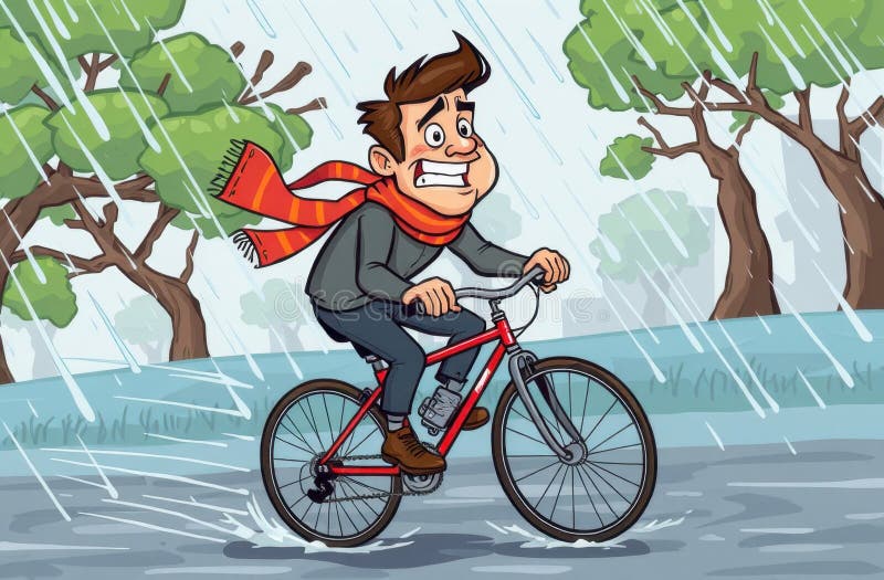 A Cartoon of a Man Cycling in Wind and Rain at 28-12-2024 Stock ...