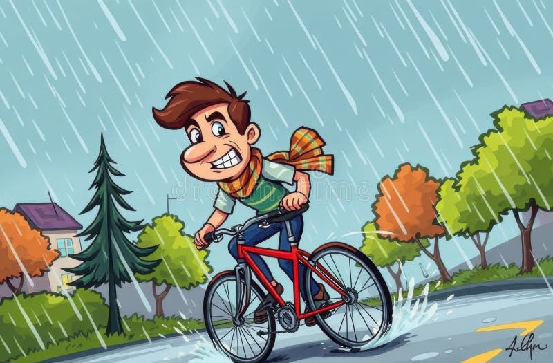 A Cartoon of a Man Cycling in Wind and Rain at 28-12-2024 Stock ...