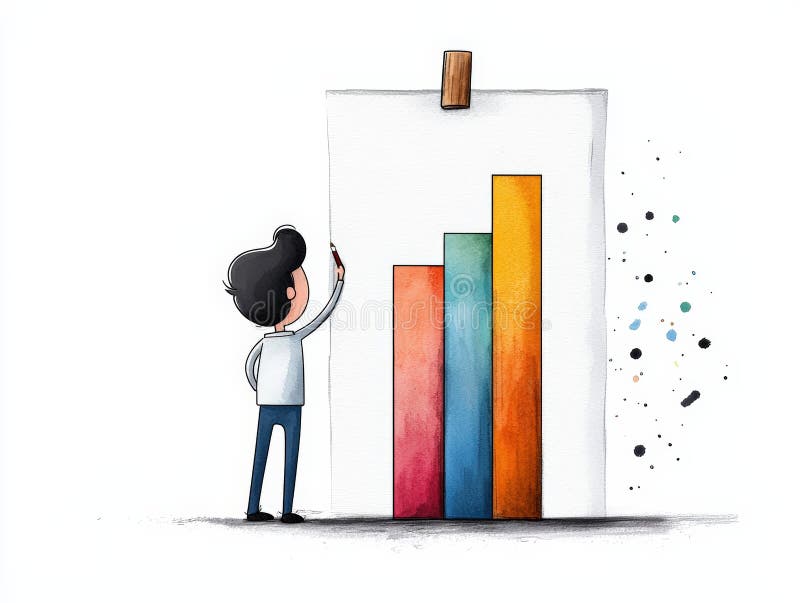 A Cartoon Man Draws Colorful Bar Graph Representing Growth and Progress ...