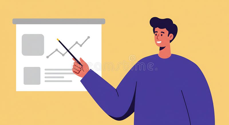 Cartoon Man Explaining Business Data Using Presentation Whiteboard ...