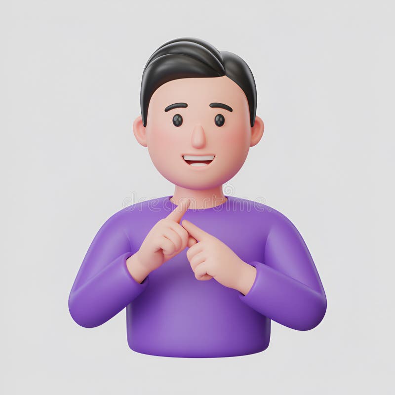 Cartoon Man Explaining with Hand Gestures, Wearing a Purple Shirt, on a ...