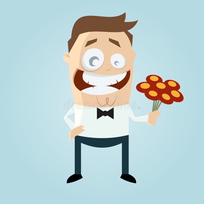 Cartoon Man with Flower Bouquet Stock Vector - Illustration of drawing ...