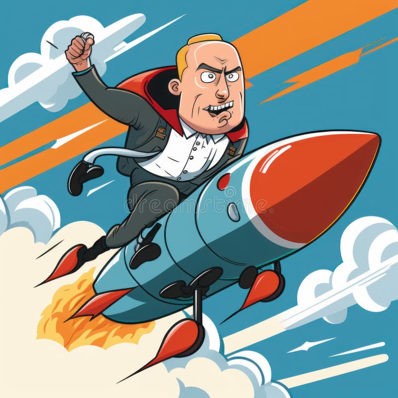 Cartoon of a Man Flying on a Rocket. Generative AI Stock Photo - Image ...