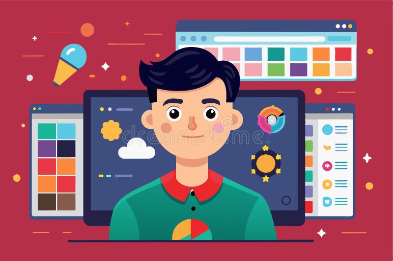 A Cartoon Man with a Friendly Face Working on a Digital Illustration ...