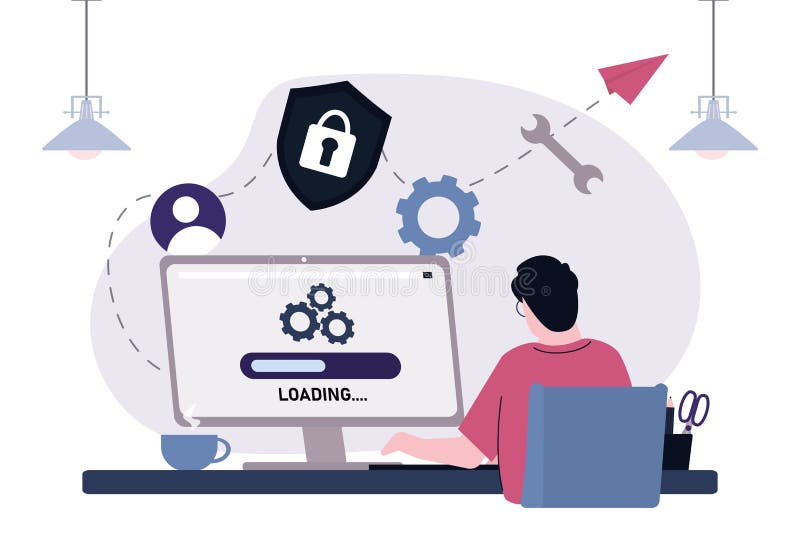 Cartoon Man in Front of Computer with System Update. Handsome Guy on ...