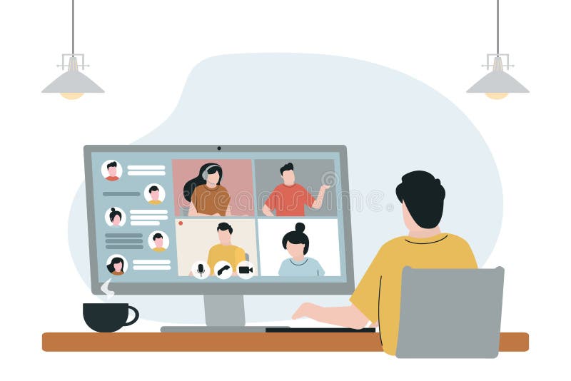 Cartoon Man in Front of Computer Video Calling Online. Male Freelancer ...