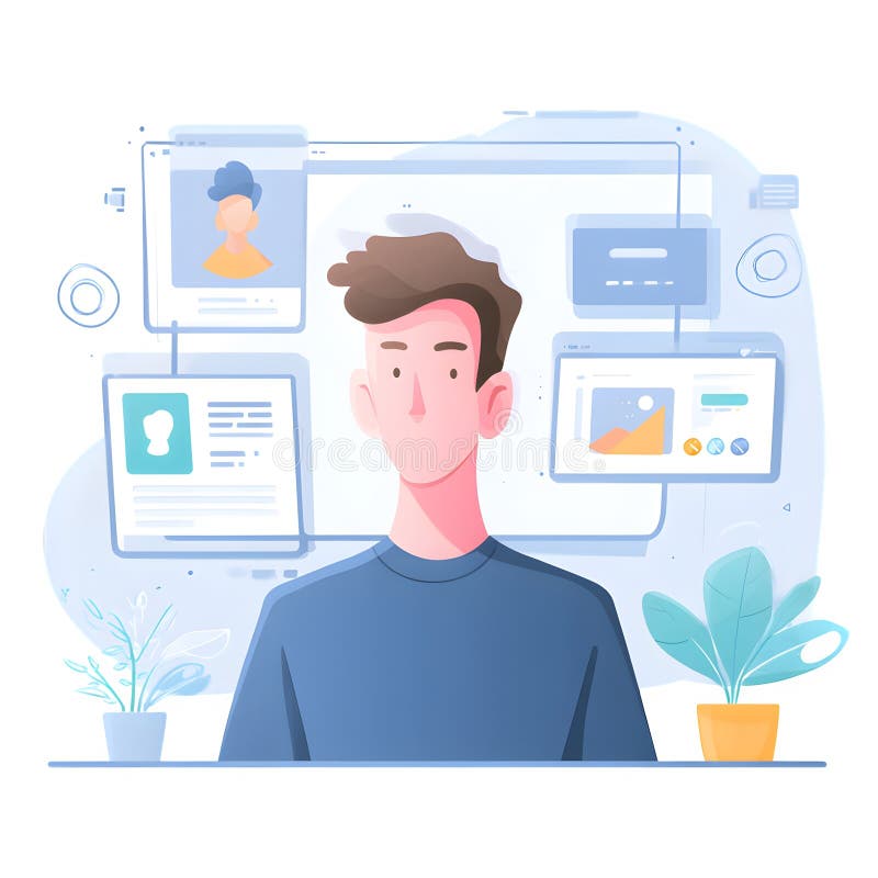 Illustration of a Man in Front of Computer Screens Depicting User ...