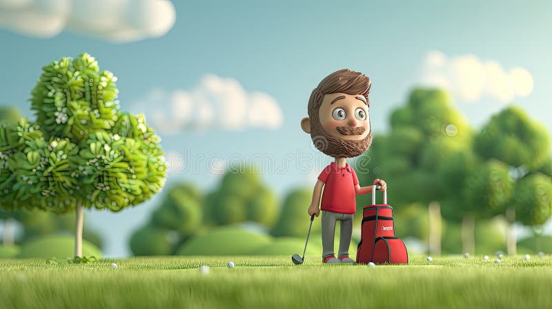 Cartoon Man with a Golf Club and Bag Standing on the Course. Stock ...