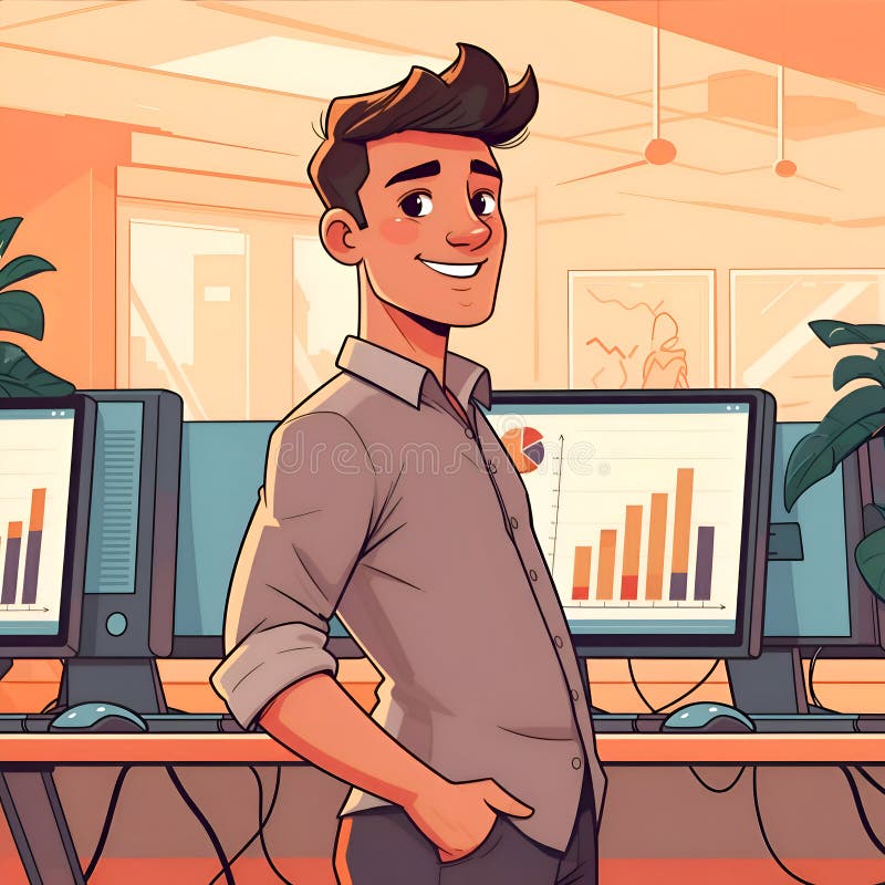 Cartoon Man in Gray Shirt with Computer Screens Displaying Graphs – AI ...