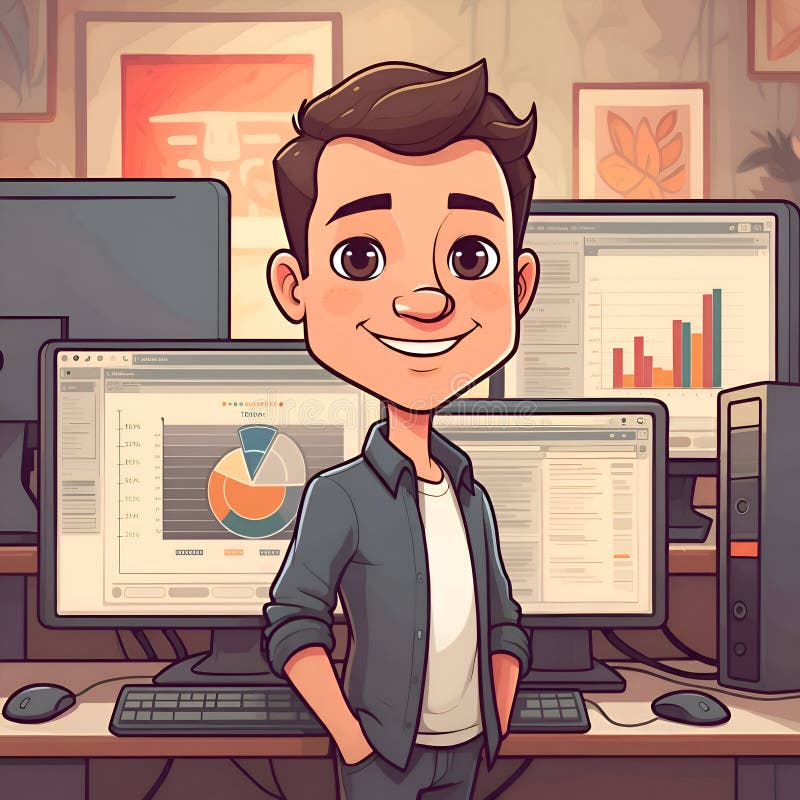 Cartoon Man in Gray Shirt with Computer Screens Displaying Graphs – AI ...